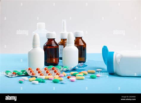 Many Medical Medicines Thermometer Syringe Spray Bottles Of Nose