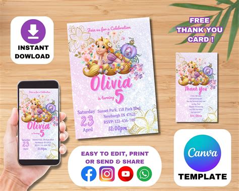 Tangled Rapunzel Birthday Invitation Girl Birthday Invite Editable