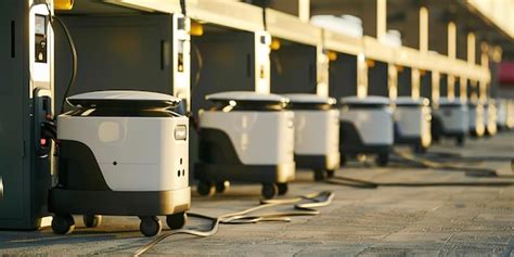 Row Of Autonomous Delivery Robots Charging In Sunlight Premium Ai Generated Image