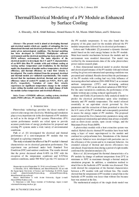 Pdf Thermalelectrical Modeling Of A Pv Module As Enhanced By Surface Cooling