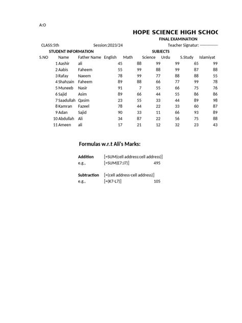 Marks Sheet Excel With Formulas Pdf