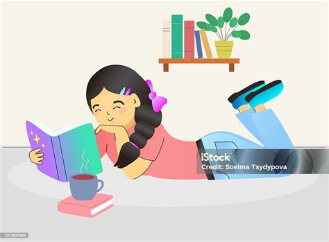 젊은 여성이 바닥에 누워 책을 읽고 있습니다 검은 머리는 포즈를 이완합니다 곁에 차를 곁들인 컵 플랫 스타일 벡터 디자인 그림