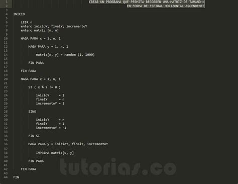 Arreglos Pseudocodigo Espiral Horizontal Ascendente