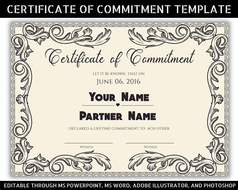 Printable Editable Certificate Of Commitment Template Commitment Ceremony Certificate