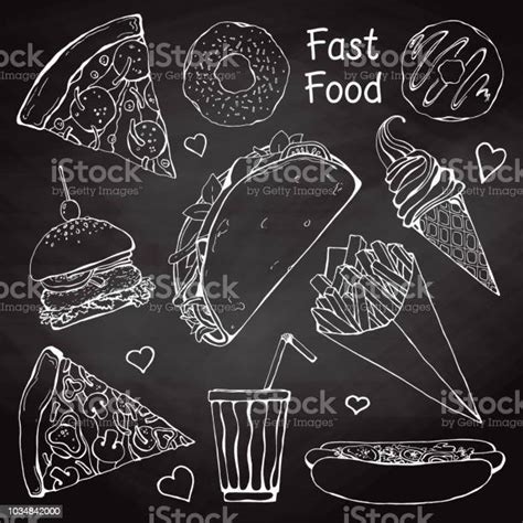 다른 패스트 푸드의 세트입니다 벡터 일러스트 스케치 스타일입니다 그리기에 대한 스톡 벡터 아트 및 기타 이미지 그리기 도넛