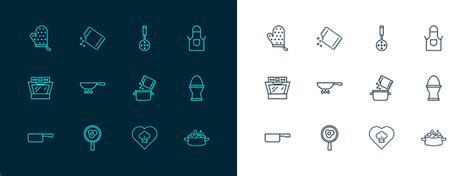 세트 라인 주방 앞치마 계란 프라이팬 요리 냄비와 향신료 요리사 모자 튀김 불 주걱 오븐 장갑 및 후추 아이콘 패킷 벡터 달걀에 대한 스톡 벡터 아트 및 기타 이미지