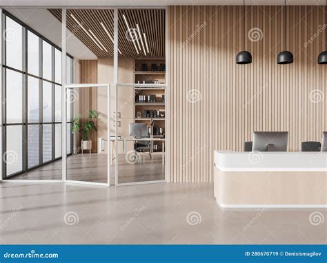 стильная стойка регистрации и рабочее место рядом с панорамным окном Иллюстрация штока