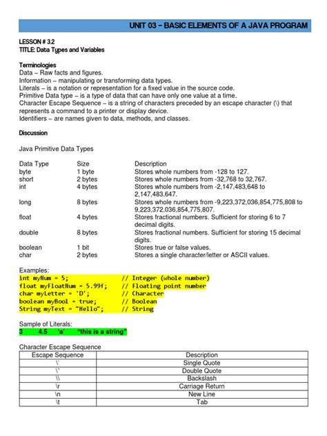 Java Data Types And Variables Guide Pdf Data Type Encodings