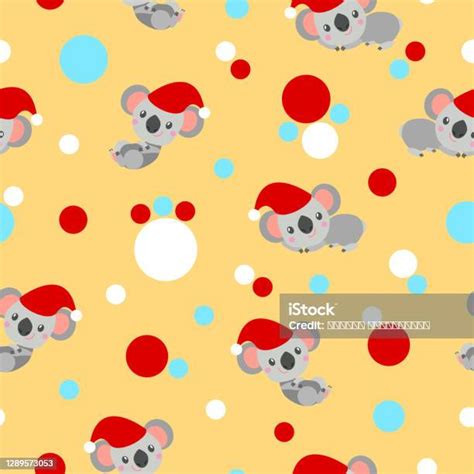 빨간 크리스마스 모자를 쓰고 코알라 아기들과 함께 누워 웃고 있는 매끄러운 패턴 노란색 배경입니다 흰색 빨간색 및 파스텔 블루 색종이 엽서 스크랩북 섬유 벽지 및 포장지