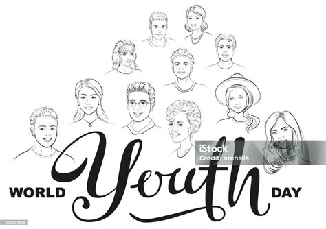 세계 청소년의 날 인사말 카드에 대한 텍스트 레터링입니다 젊은이들의 얼굴 실루엣 설정 개념에 대한 스톡 벡터 아트 및 기타 이미지 개념 검은색 공휴일 Istock