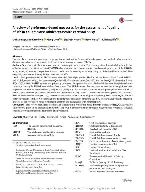 A Review Of Preference Based Measures For The Assessment Of Quality Of