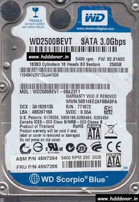 WD2500BEVT-08A23T1, DCM HHCTJHN, 2060-771672-004 REV A, Western Digital ...