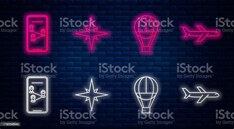 설정 라인 바람 장미 열기구 도시지도 탐색 및 비행기의 인포 그래픽 벽돌 벽에 빛나는 네온 아이콘입니다 벡터 0명에 대한 스톡 벡터 아트 및 기타 이미지 Istock