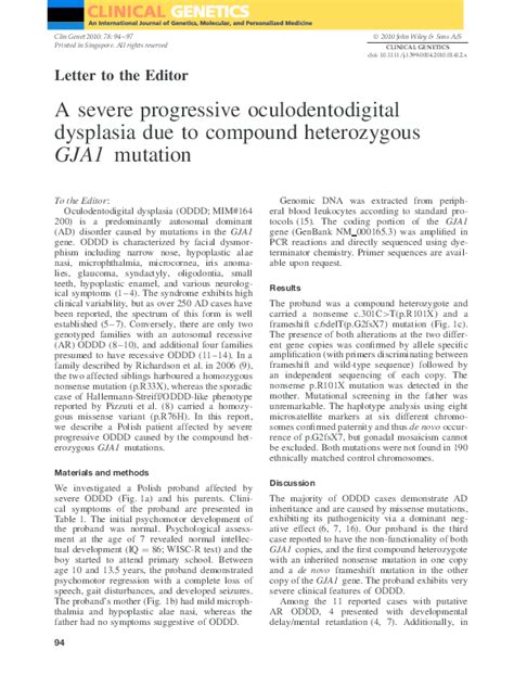 Pdf A Severe Progressive Oculodentodigital Dysplasia Due To Compound Heterozygous Gja1 Mutation