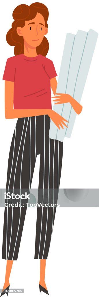 여성 건축가 캐릭터 전문 건설 노동자 엔지니어 와 프로젝트 청사진 벡터 일러스트 건물 외관에 대한 스톡 벡터 아트 및 기타 이미지 건물 외관 건설 산업 건축가