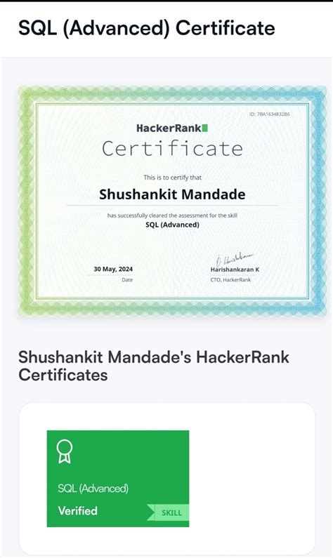 earned sql advanced certificate from hackerrank shushankit mandade