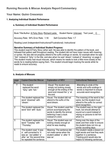 Running Miscue Record Paper Download Free Pdf Phonics Reading Process