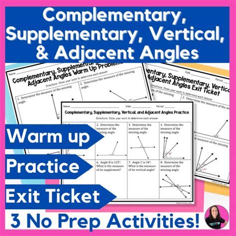 Complementary Supplementary Vertical Angle Activities 7th Grade Math