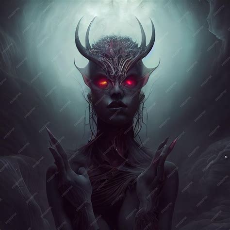 Premium Photo Black Seductive Female Devil With Crossed Arms Demon With Burning Eyes In The