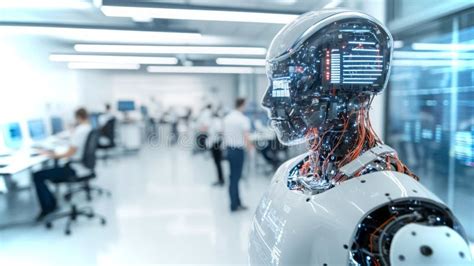 Advanced Ai Robot Observing Technology Workspace In Modern Office Environment Stock Image