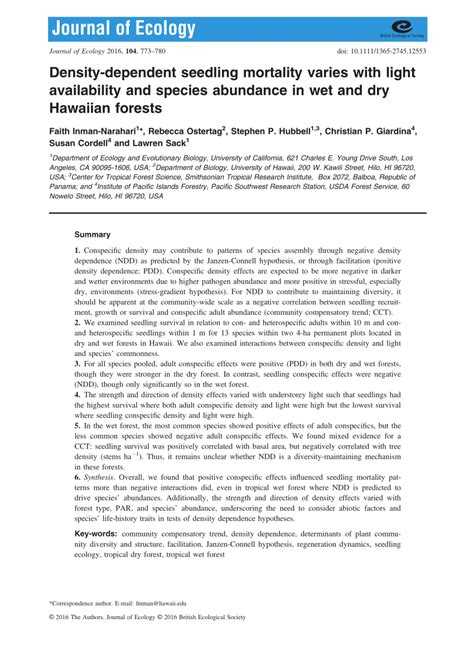 Pdf Density Dependent Seedling Mortality Varies With Light