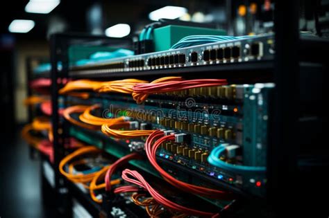 Multiple Ethernet Cables Connected To Server Rack In Data Center For Network Connectivity Stock