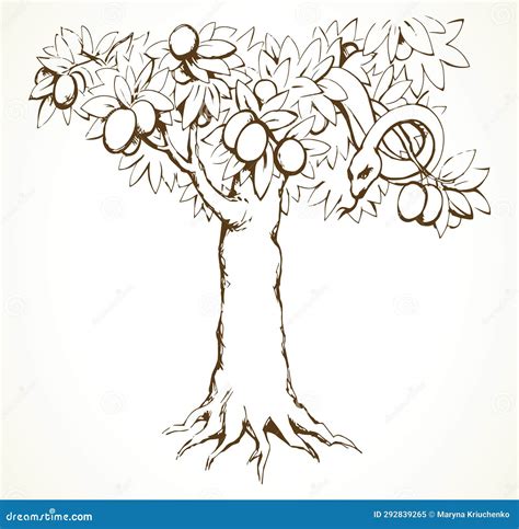 Serpent On The Tree Knowledge Of Good And Evil Vector Drawing Stock Illustration