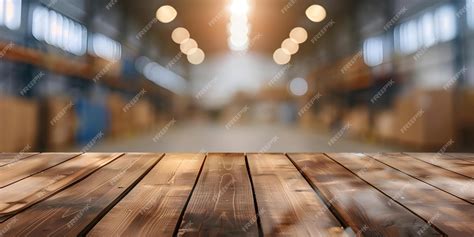 Blurry Warehouse Background With Empty Wood Table For Product Placement