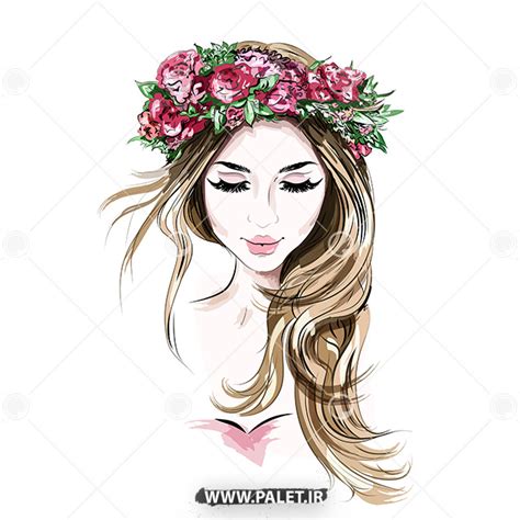 وکتور فشن و مد دختر با موی بلند و تاج سر گل وکتور فشن و مد دختر