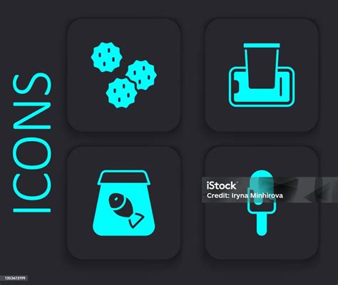 아이스크림 쿠키 또는 비스킷 모바일 및 온라인 생선 아이콘에 음식 주문 설정합니다 검은 색 사각형 버튼 벡터 Brand Name Smart Phone에 대한 스톡 벡터 아트