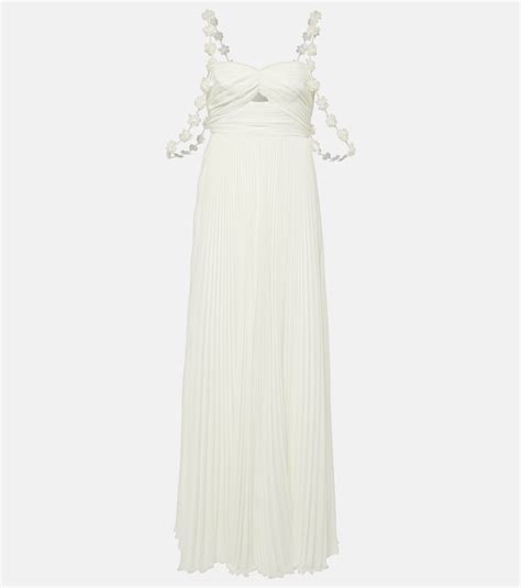 화이트 웨딩 플로럴 아플리케 플리츠 쉬폰 맥시 드레스 Self Portrait Mytheresa