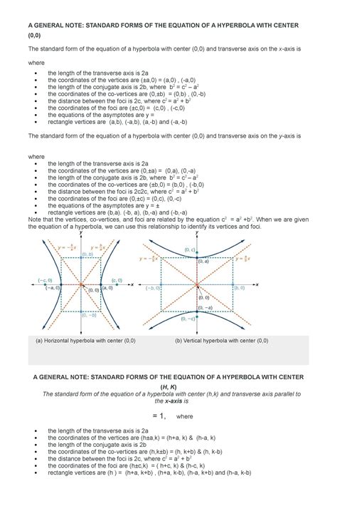 Hyperbola Note1 Hyperboalaaa A General Note Standard Forms Of The Equation Of A Hyperbola