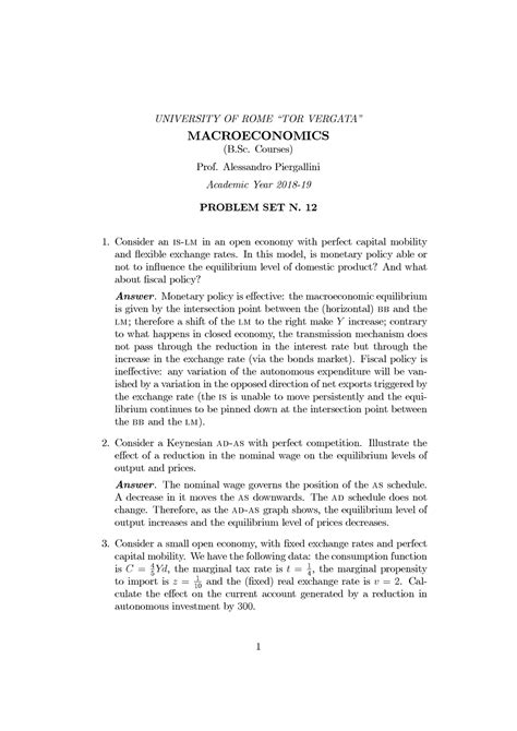 macroeconomics problem set n12 with answers university of rome “tor