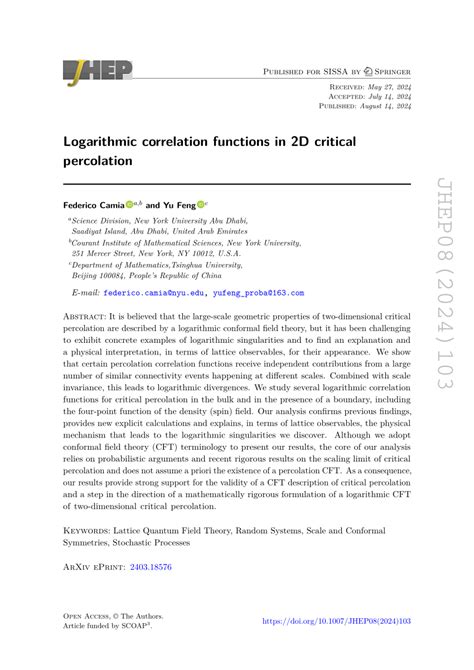 Pdf Logarithmic Correlation Functions In 2d Critical Percolation