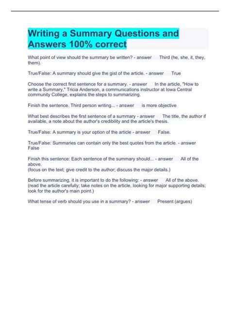 writing a summary questions and answers 100 correct samenvatting