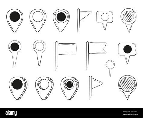 Navigation Markers Pinpoints Tag In Hand Drawn Style Doodle Pin Symbol Location Sign