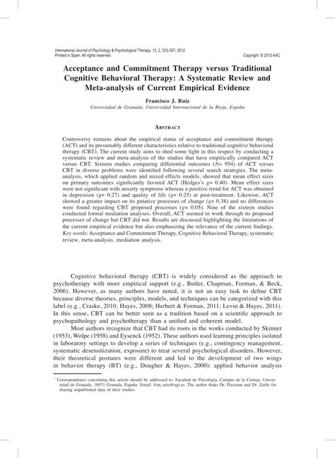 Pdf Acceptance And Commitment Therapy Versus Traditional Cognitive Behavioral Therapy A