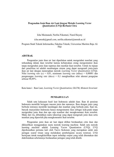 Pengenalan Jenis Ikan Air Laut Dengan Metode Learning Vector Quantization Lvq Berbasis Citra