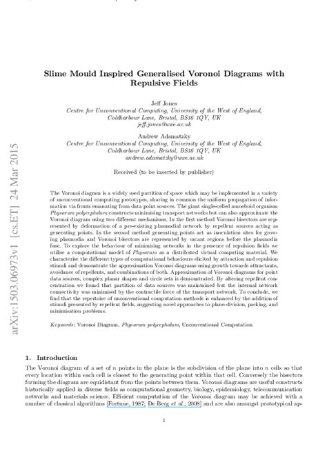 Pdf Slime Mould Inspired Generalised Voronoi Diagrams With Repulsive