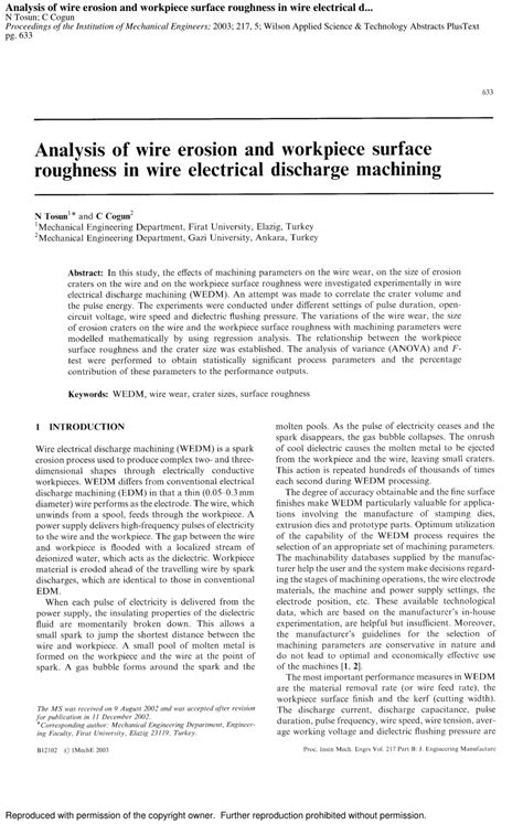 Pdf Analysis Of Wire Erosion And Workpiece Surface Roughness In Wire Electrical Discharge