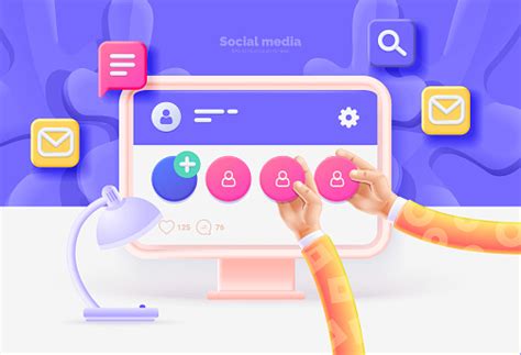 소셜 미디어 템플릿 소셜 미디어 사용자 인터페이스가 있는 컴퓨터 및 스마트폰 소셜 네트워크를 사용하는 사람 간의 의사 소통 컴퓨터 전화 아이콘 3d 스타일 벡터