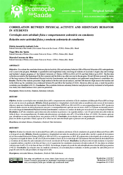 Pdf Correlation Between Physical Activity And Sedentary Behavior In