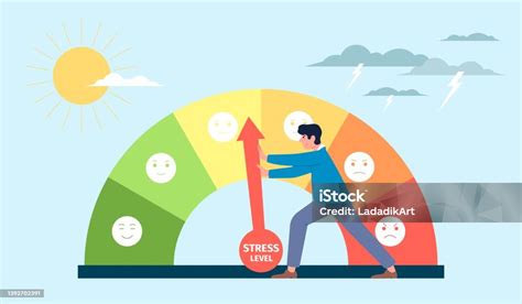 스트레스 수준 개념 다채로운 기분 척도 피곤한 사업가는 불안과 피곤함을 줄입니다 고통과 감정이 측정됩니다 심한 감정 최근 벡터 장면 온도계에 대한 스톡 벡터 아트 및 기타