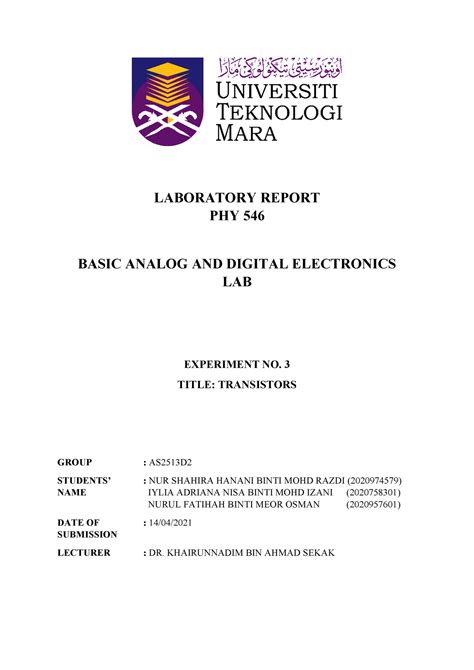 LAB Report Experiment LABORATORY REPORT PHY BASIC ANALOG AND DIGITAL ELECTRONICS LAB