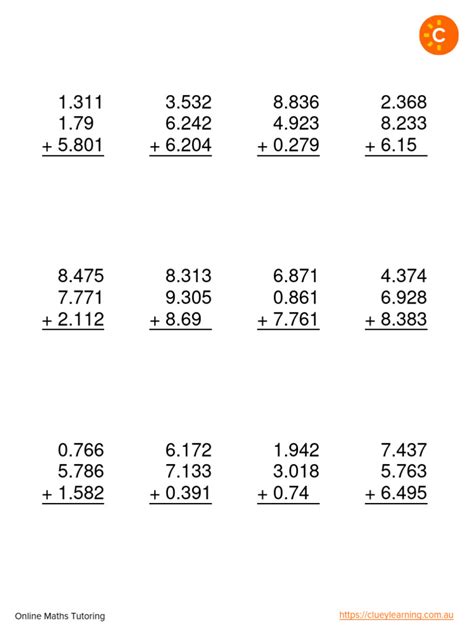 Year 6 Addition Maths Worksheet Adding Decimals Clueylearning Com Au 1300182000 Pdf