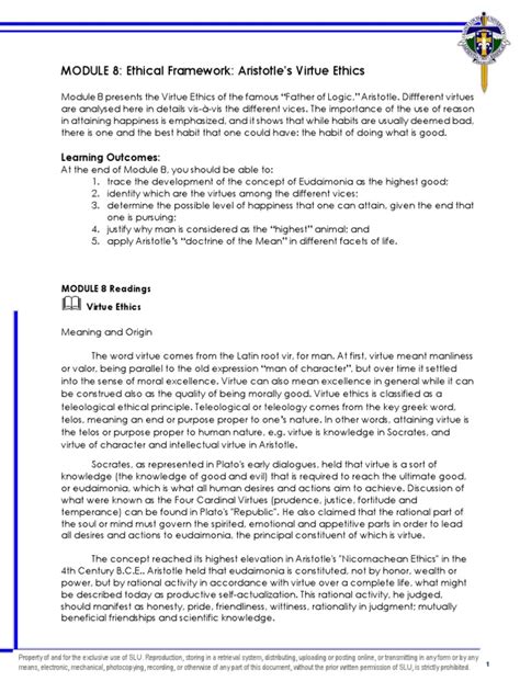 Module 8 Ethical Framework Aristotles Virtue Ethics Pdf Virtue