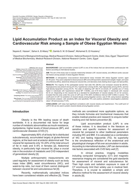 Pdf Lipid Accumulation Product As An Index For Visceral Obesity And