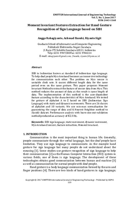 Pdf Moment Invariant Features Extraction For Hand Gesture Recognition Of Sign Language Based