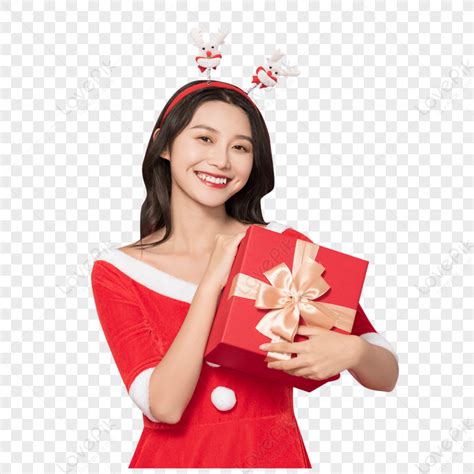 크리스마스 선물 상자를 들고 크리스마스 머리 장식을 입고 달콤한 소녀 Png 일러스트 무료 다운로드 Lovepik