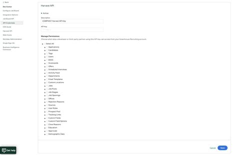 manage harvest api key permissions greenhouse support